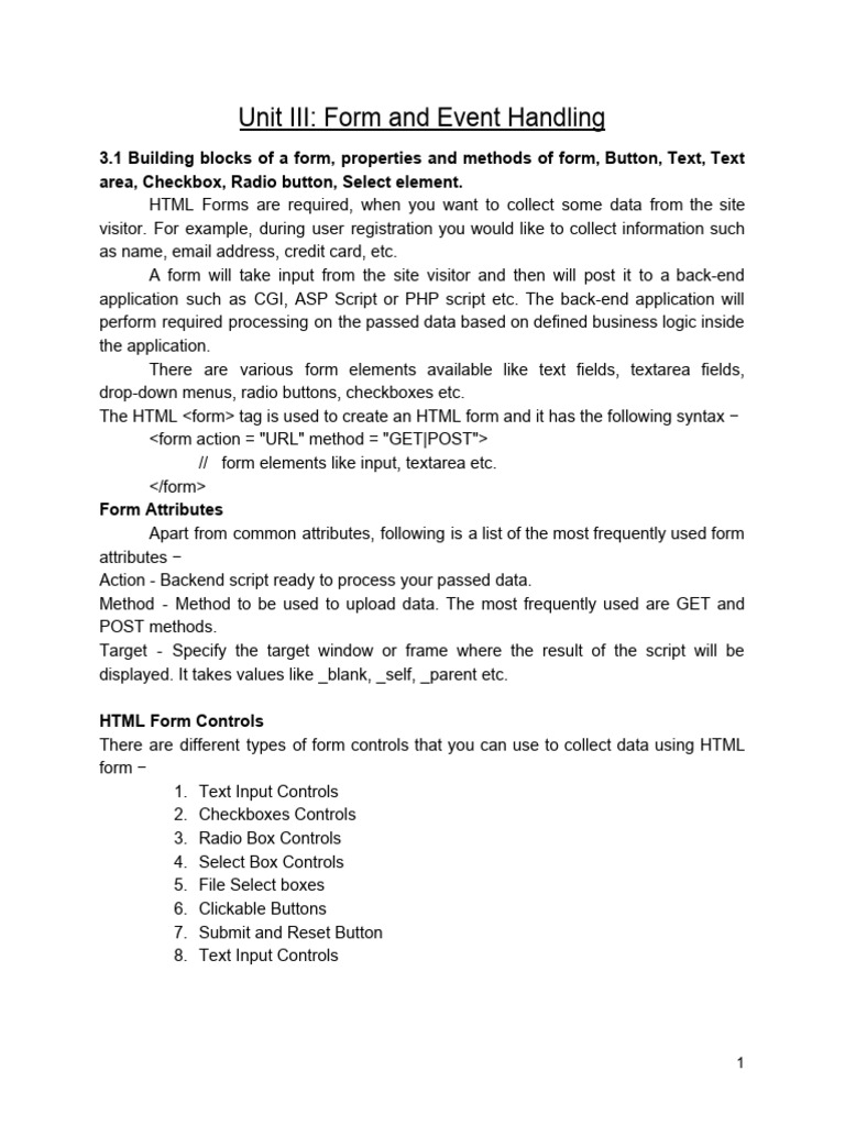 Unit III - Form and Event Handling | Download Free PDF | Html Element | Software