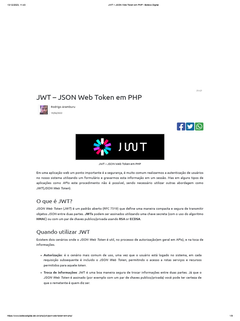 JWT - JSON Web Token em PHP - Boteco Digital | PDF | Json | Engenharia de Software
