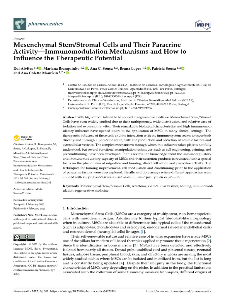 Mesenchymal Stem/Stromal Cells and Their Paracrine Activity-Immunomodulation Mechanisms and How ...