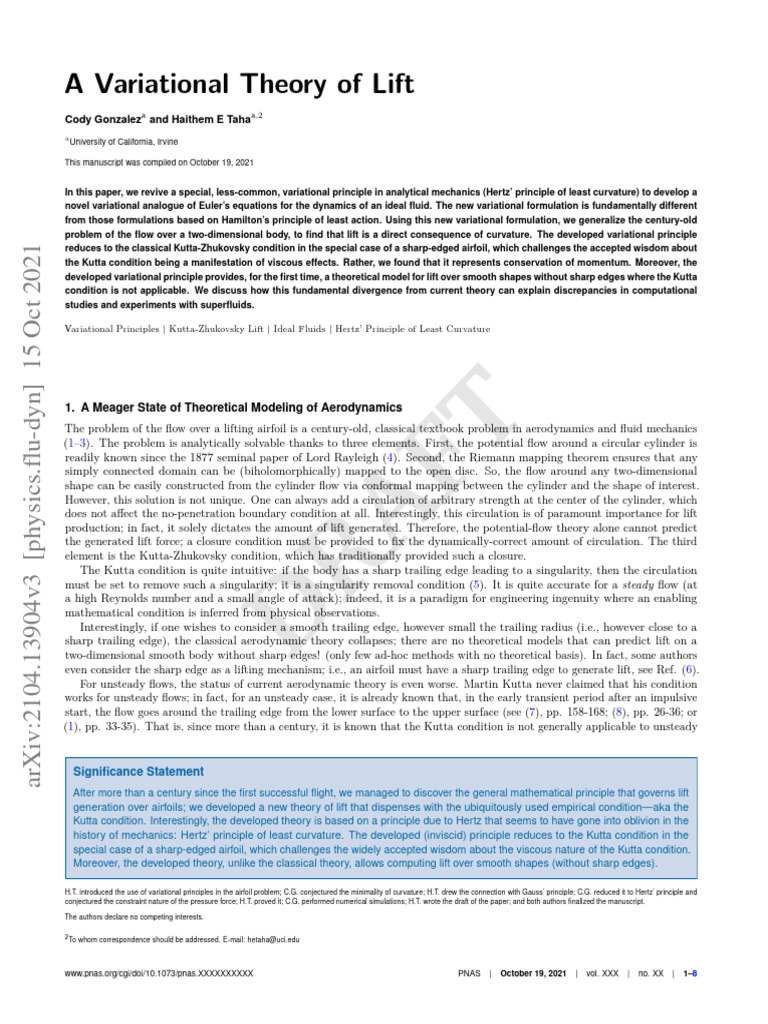 A Variational Theory of Lift | PDF | Lift (Force) | Fluid Dynamics