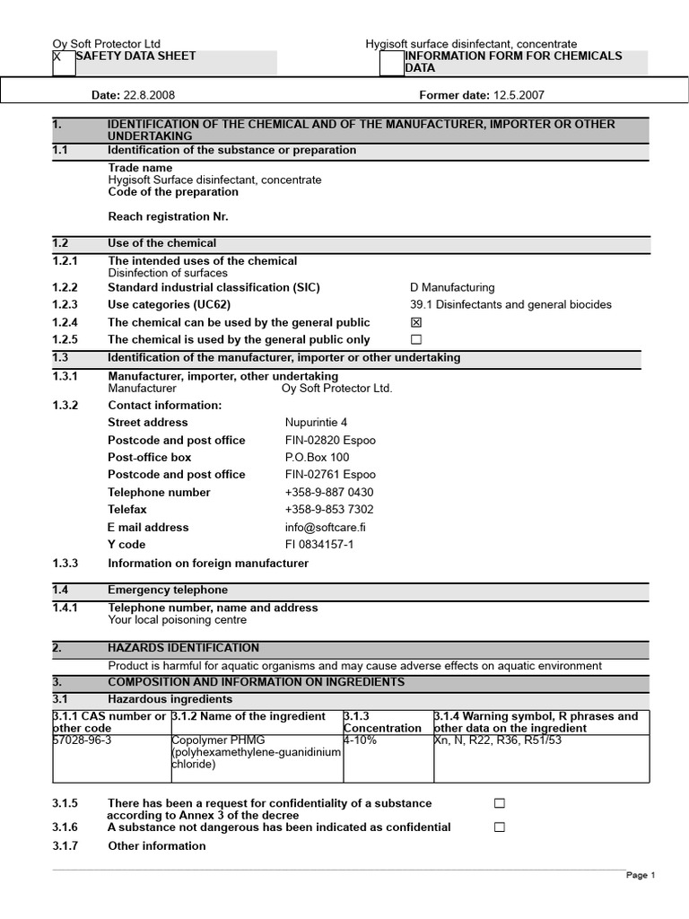 MSDS Hygisoft surface disinfectant, concentrate.pages | PDF | Toxicity ...