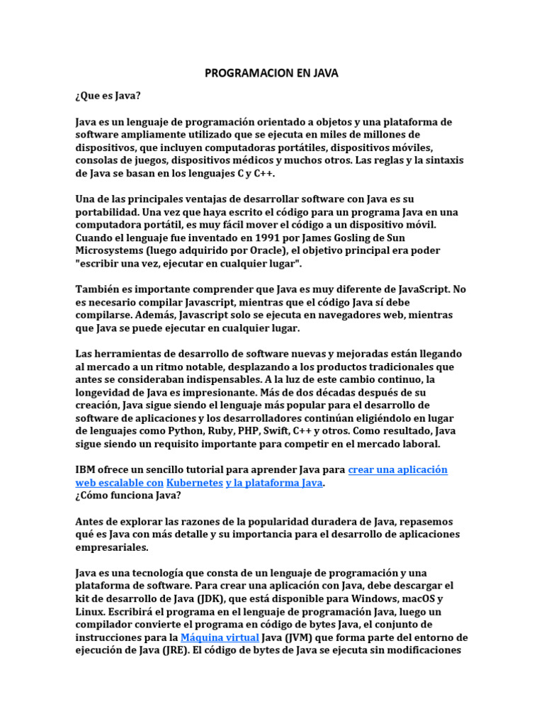 Java: Lenguaje y Plataforma Versátil | PDF | Java (lenguaje de programación) | máquina virtual ...