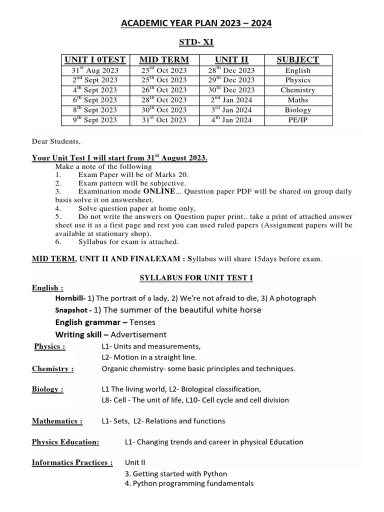 11th STD CBSE Academic Year Plan 2023 - 24 | PDF | Technology & Engineering