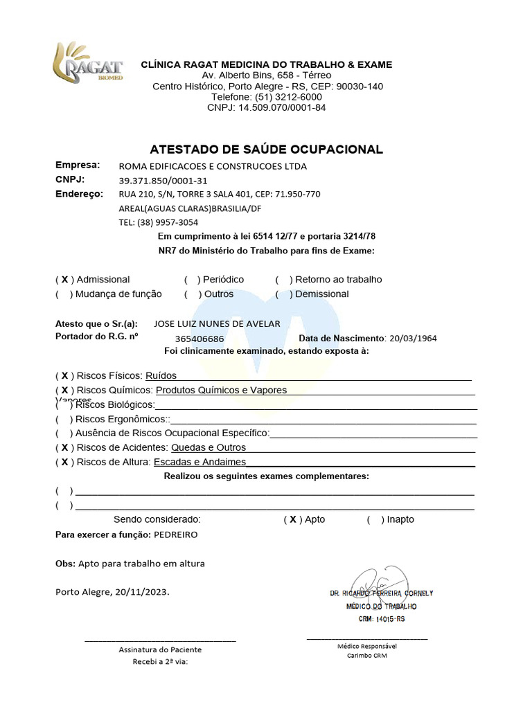 Atestado de Saude Ocupacional Aso Clínica RAGAT Medicina Do Trabalho ...