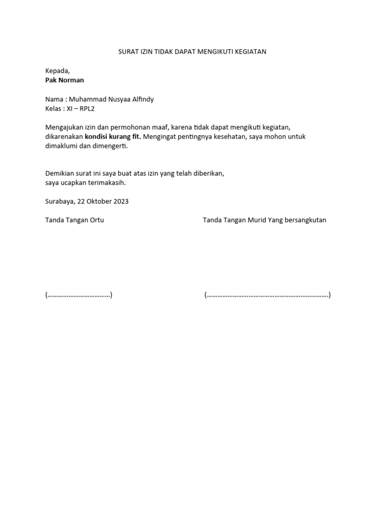 Surat Izin Tidak Dapat Mengikuti Kegiatan | PDF
