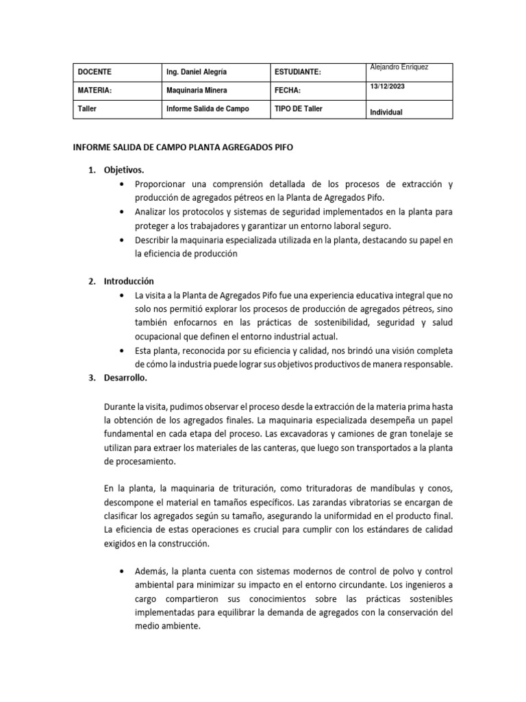 Informe sobre Planta Agregados Pifo | PDF | Calidad (comercial) | Plantas