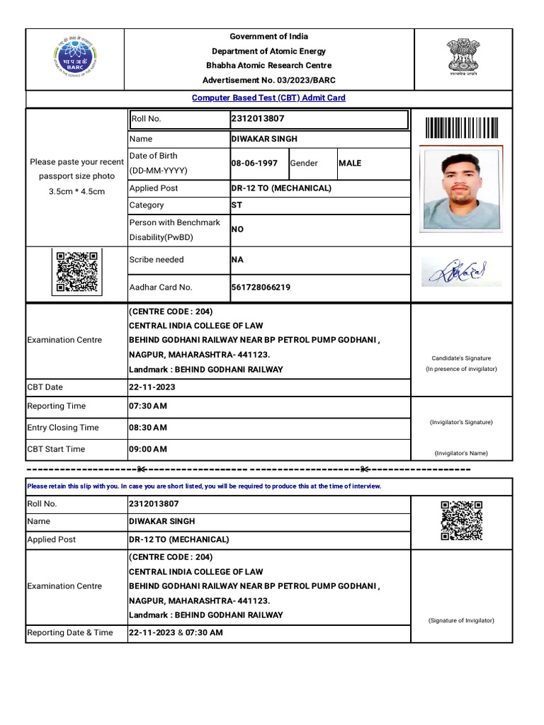 Admit Card | PDF | Identity Document