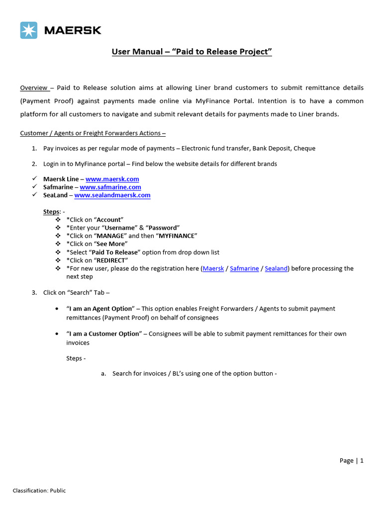 Maersk User Manual Paid To Release Project | PDF | Invoice | Computing