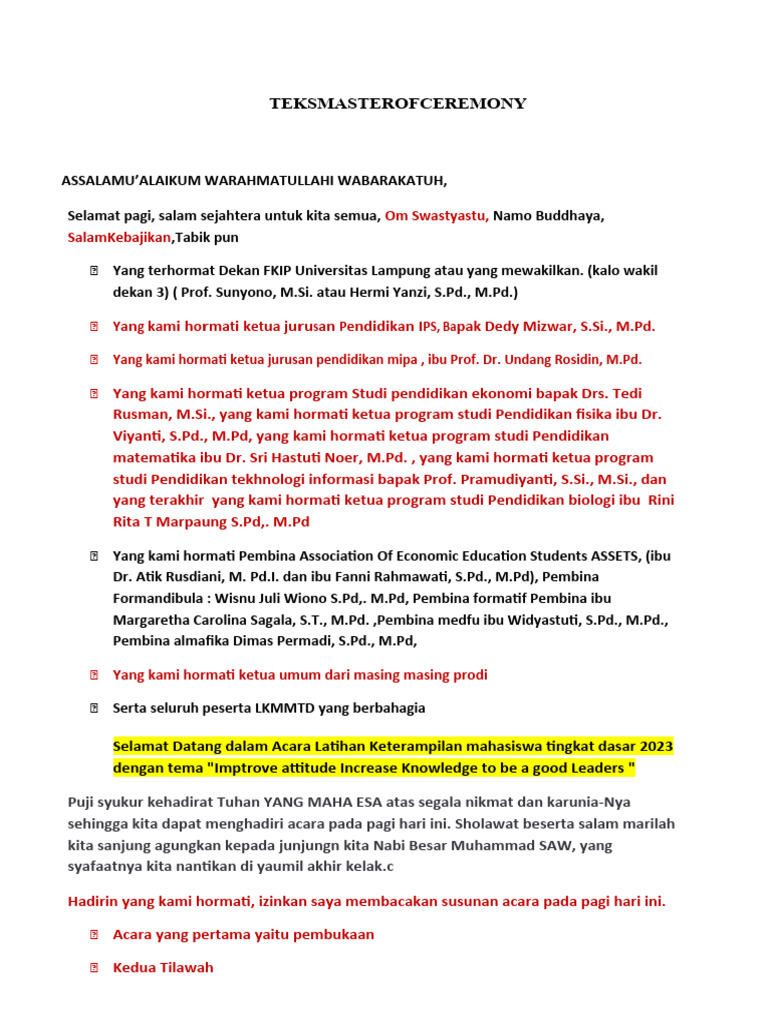 LKMMTD 2023: Sambutan dan Susunan Acara | PDF