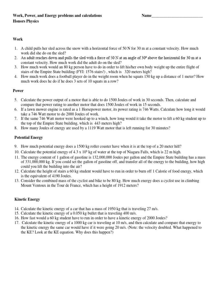 Work - Power .Energy - Calculation Problems Honors Physics 1smvlmv ...