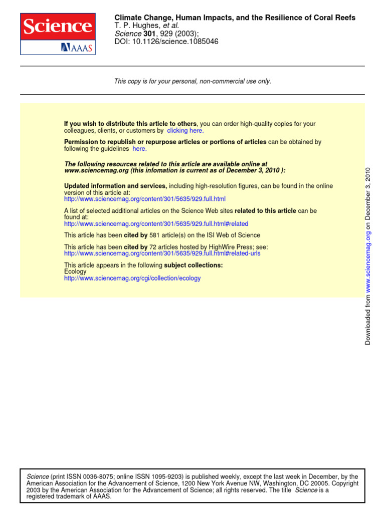 Hughes et al Science 2003 human impacts resilience coral reefs | PDF | Coral Reef | Coral