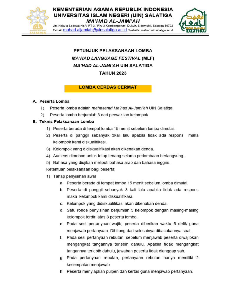 Petunjuk Lomba Cerdas Cermat MLF 2023 | PDF
