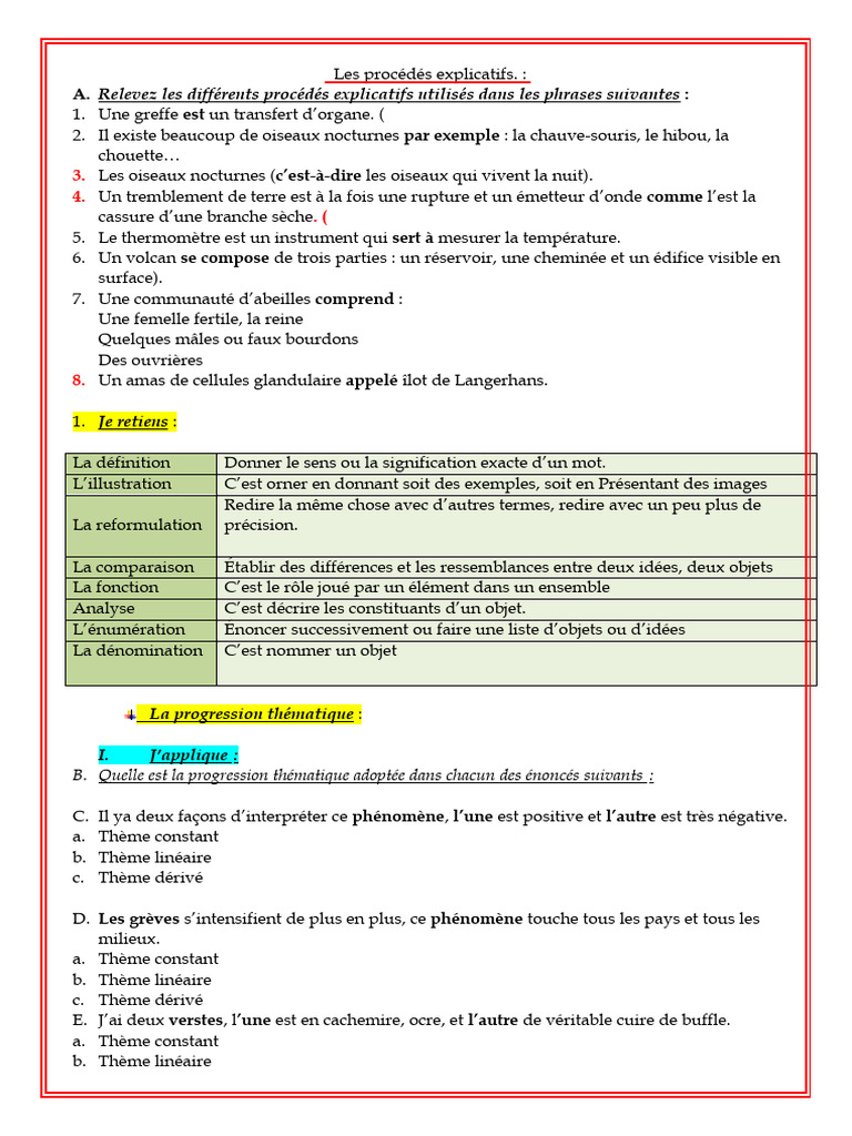 Exercices sur les procédés explicatifs | PDF | Arts du langage et ...