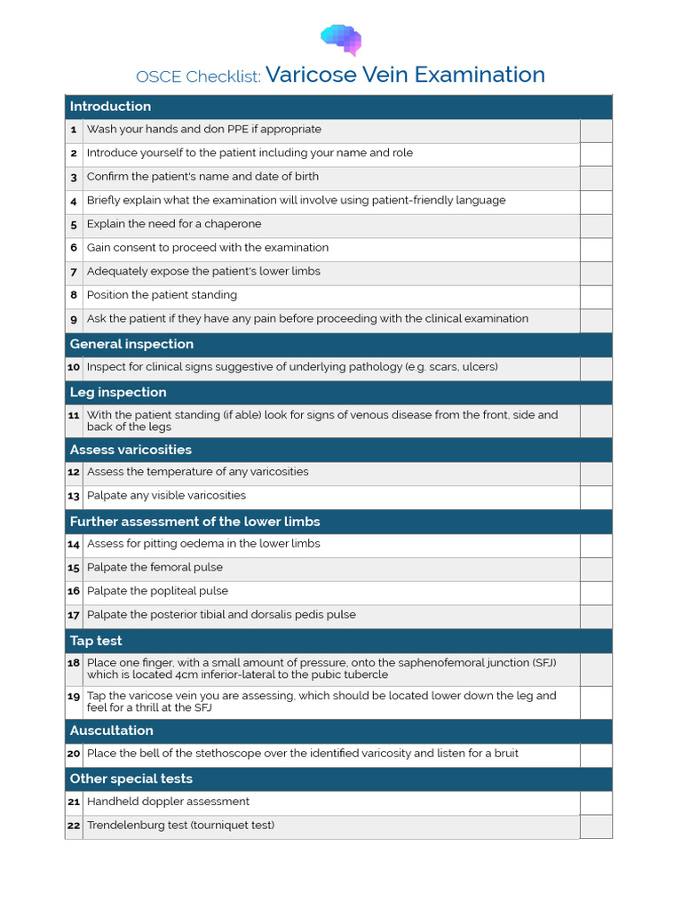 Varicose Vein Examination Checklist | PDF