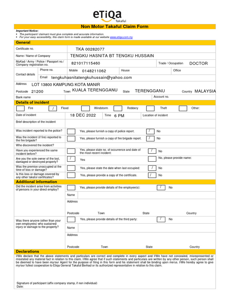 Non Motor Takaful Claim Form Guide | PDF