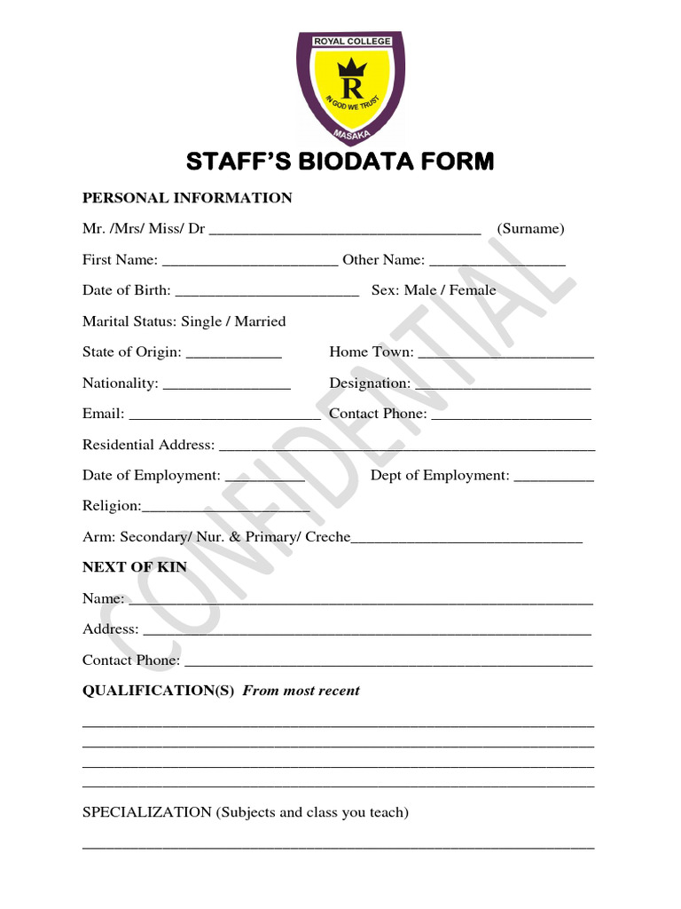 Staff Bio Data Form | PDF