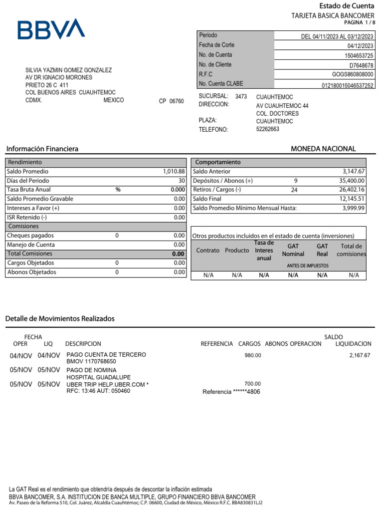 caratula estado de cta bbv | PDF | Bancario | Dinero