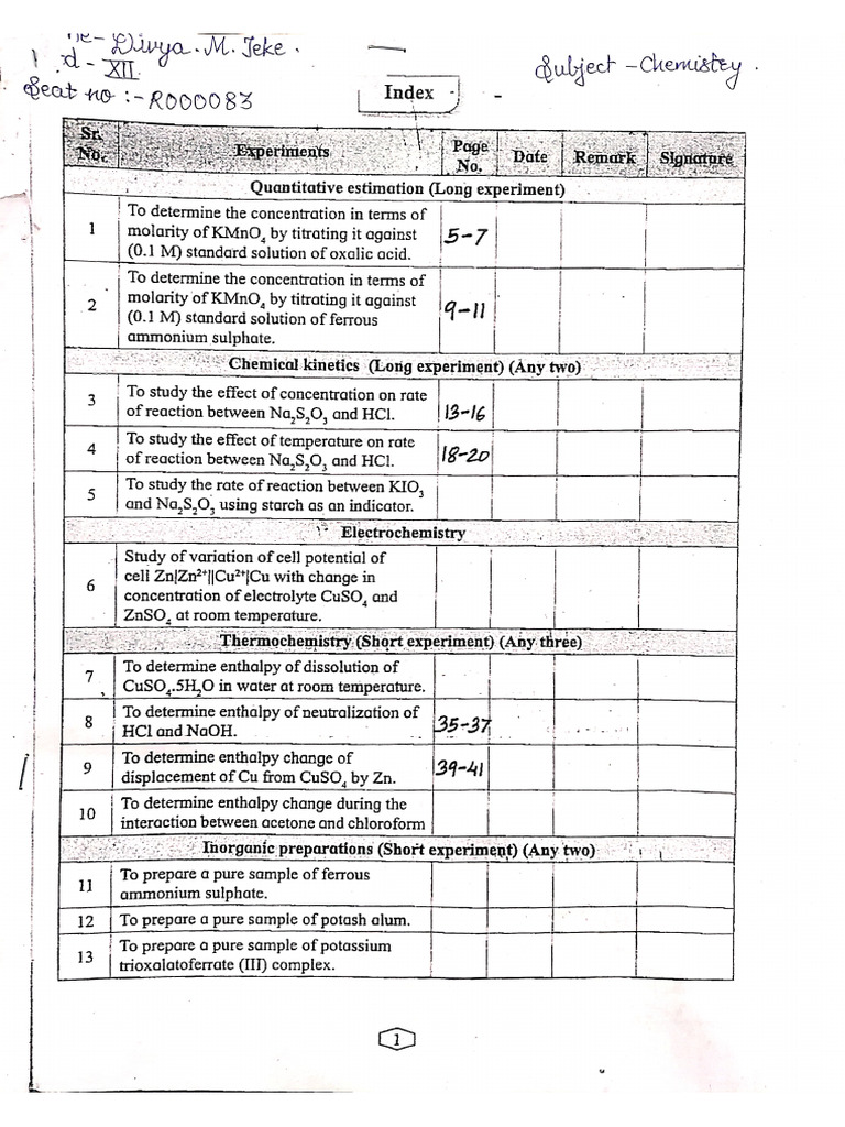 XII Chemistry Practical Record Book | PDF