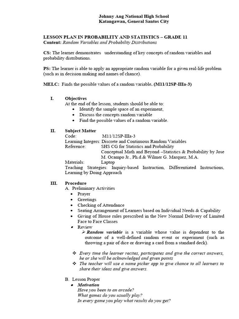 STAT Week 1 - CO1 | PDF | Random Variable | Probability Distribution