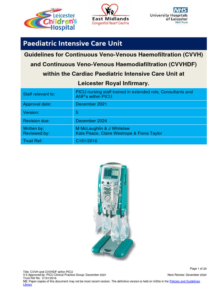 Continuous Veno Venous Haemofiltration or Haemodiafiltration UHL ...