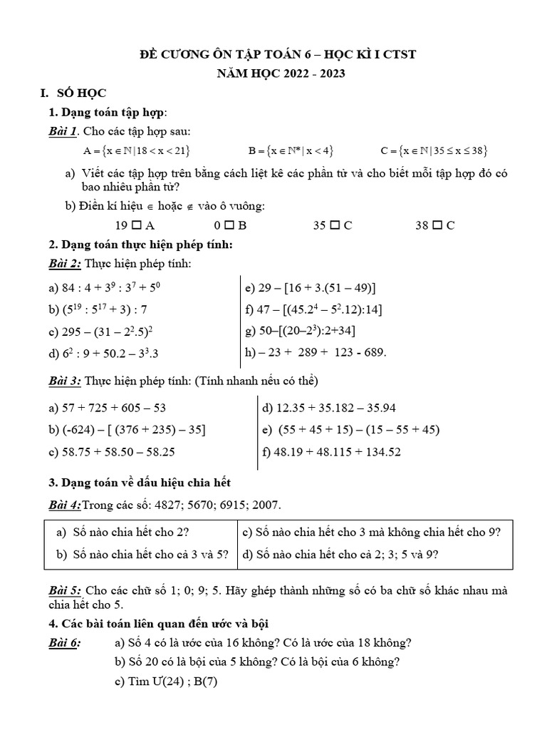De Cuong On Tap Hoc Ki 1 Mon Toan 6 Sach Chan Troi Sang Tao | PDF