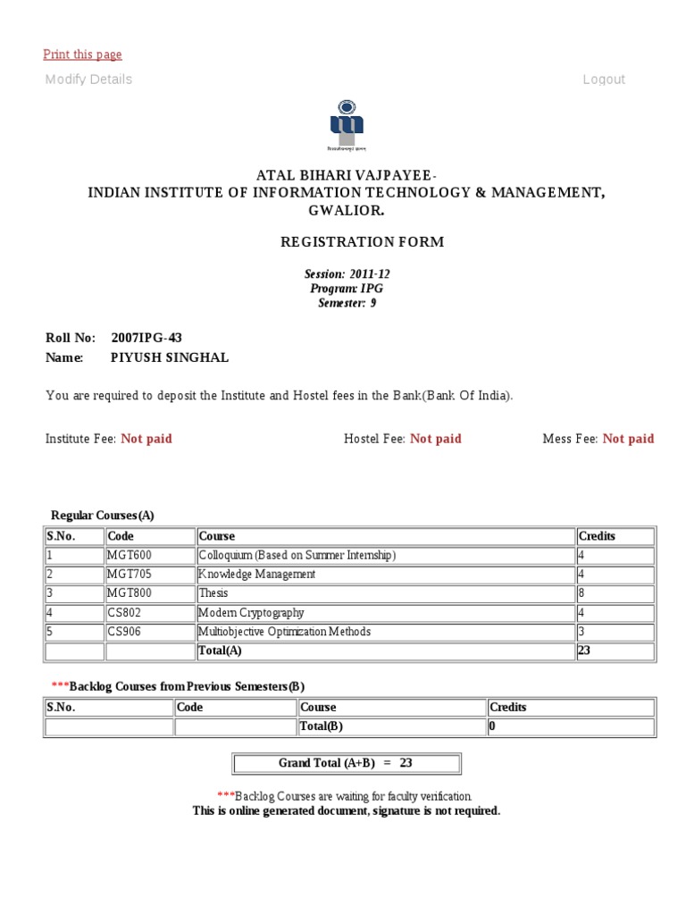 IIITM Gwalior Registration Form 2011-12 | PDF | Business