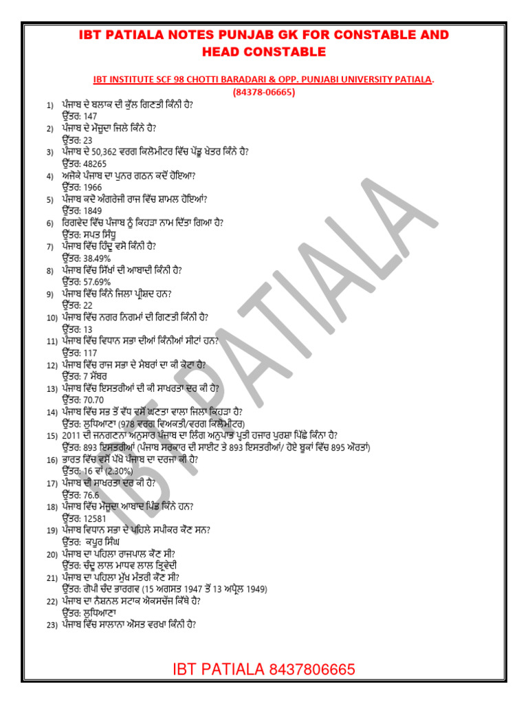 Punjab GK Punjabi MCQ Contable | PDF