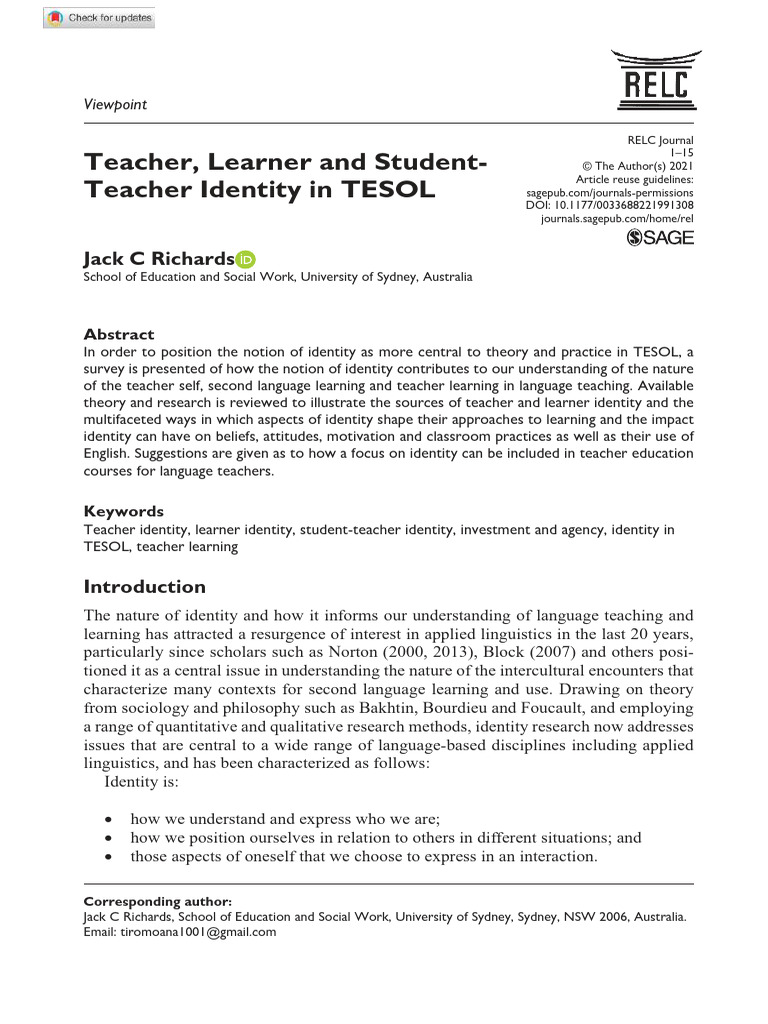 Teacher Learner and Student Teacher Identity in TESOL | PDF | Teachers ...