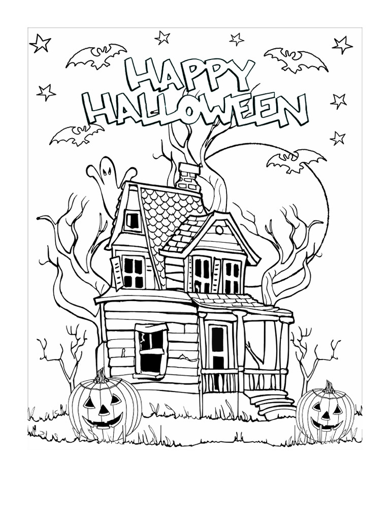 coloring-halloween-haunted-house-ghost-pumpkin-bats | PDF