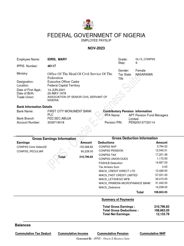IPPIS Payslip by Employee No P 061223 | PDF | Pension | Government