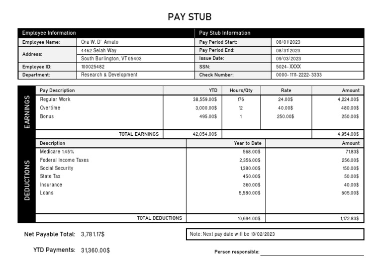 Employee Information Pay Stub Information | PDF | Paycheck | Social ...