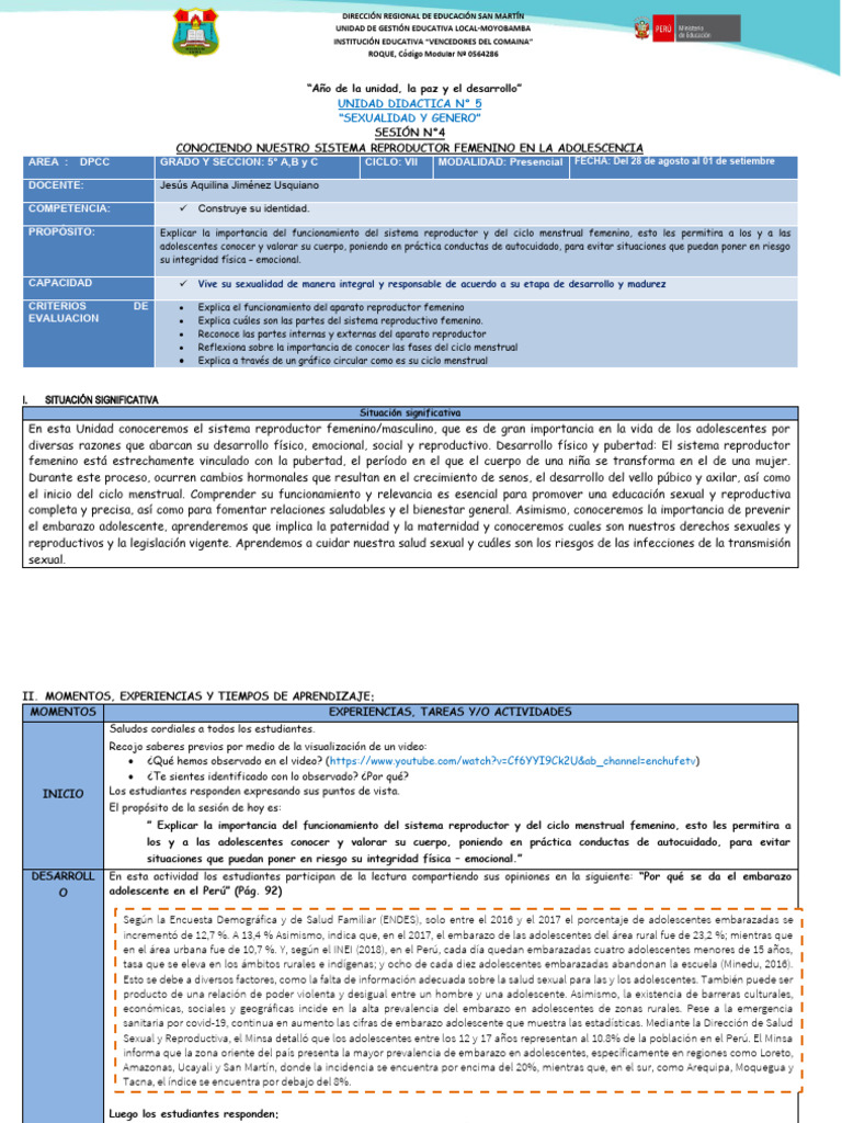 SESION DE APRENDIZAJE #4 - DPCC 5° A, B y C - TERCER BIMESTRE - SEMANA 4 | PDF | El embarazo ...
