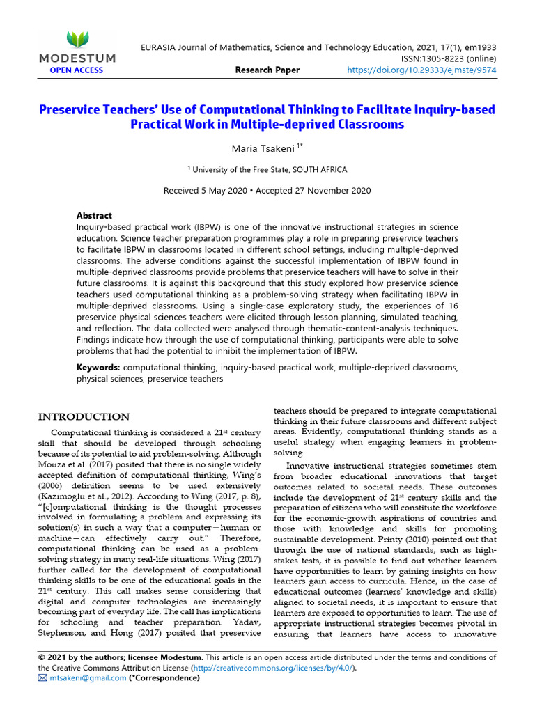 Preservice Teachers' Use of Computational Thinking To Facilitate Inquiry-Based | PDF | Inquiry ...