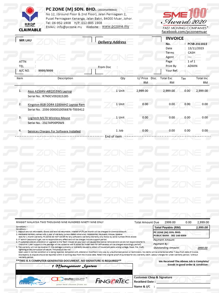 PC Zone (M) Sdn. BHD.: Invoice | Download Free PDF | Computer Hardware ...