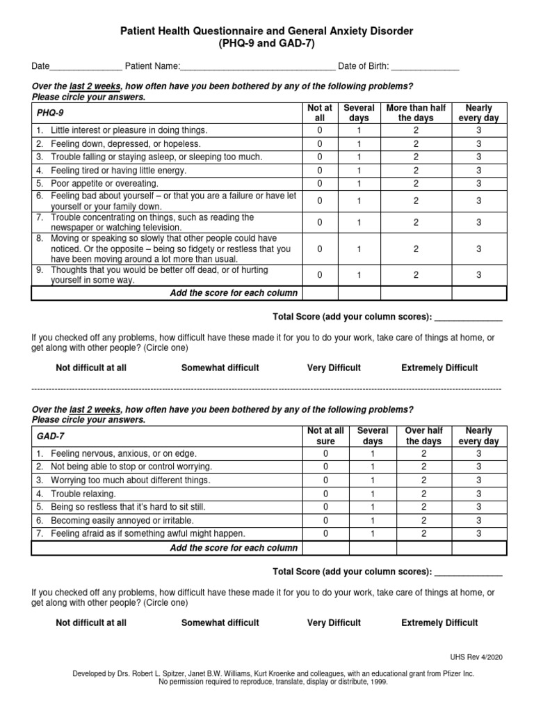 PHQ-9 and GAD-7 Form - A | PDF | Causes Of Death | Anxiety