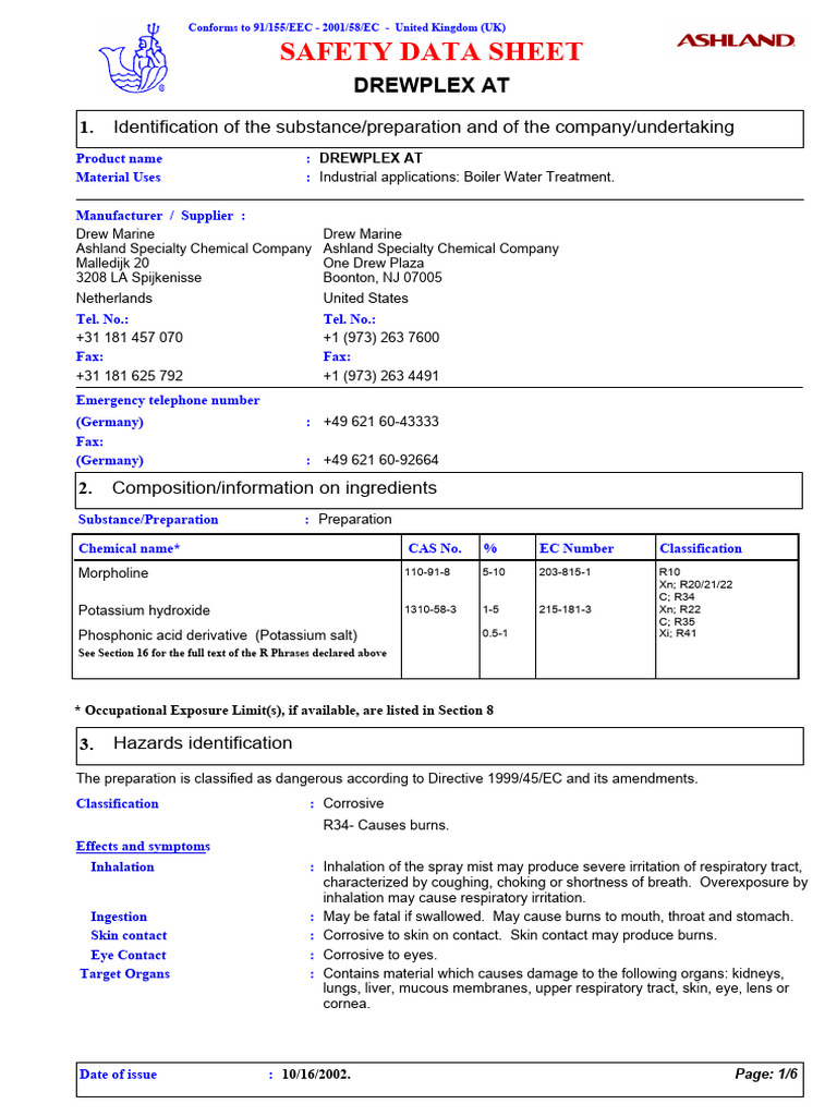 Drewplex AT Safety Data Sheet | PDF | Personal Protective Equipment | Water