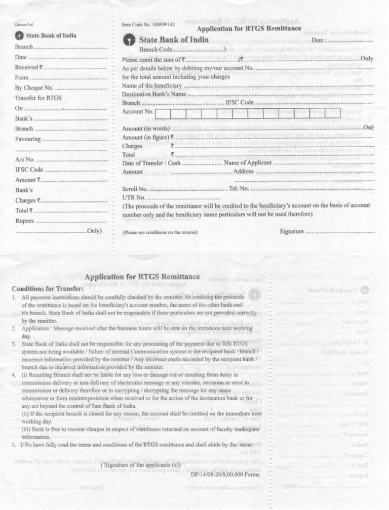 SBI RTGS NEFT Form | PDF