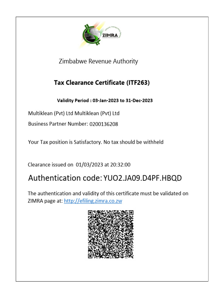 ZIMRA Tax Clearance Certificate 2023 | PDF