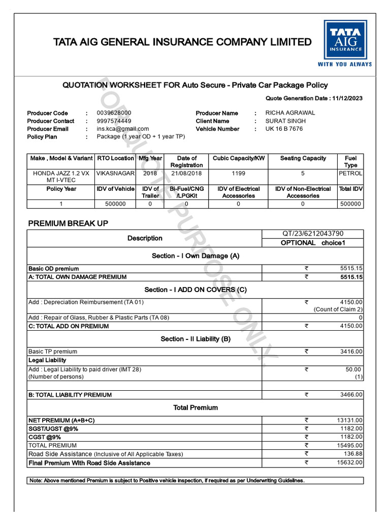 Tata AIG Motor Premium Quote - 3184 - QT - 23 - 6212043790 | PDF ...