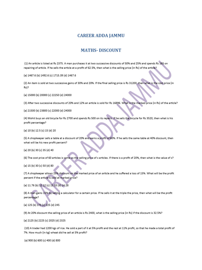Math Discount Problems and Solutions | PDF | Prices | Profit (Economics)