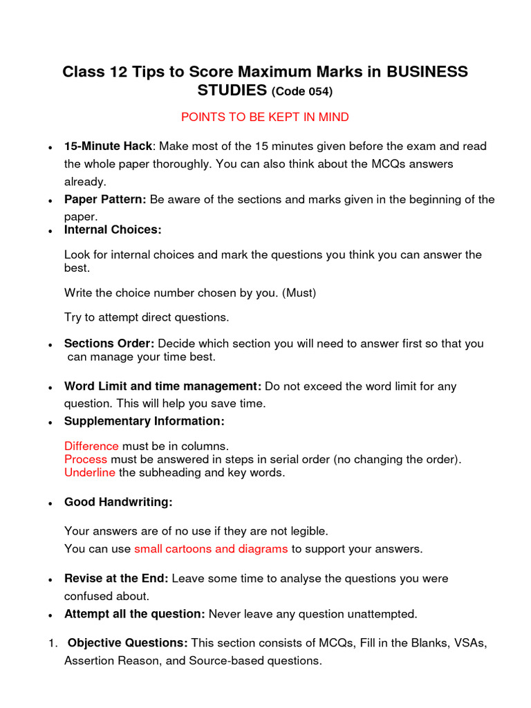 Business Studies Class 12 Topper Tips | PDF | Multiple Choice | Question