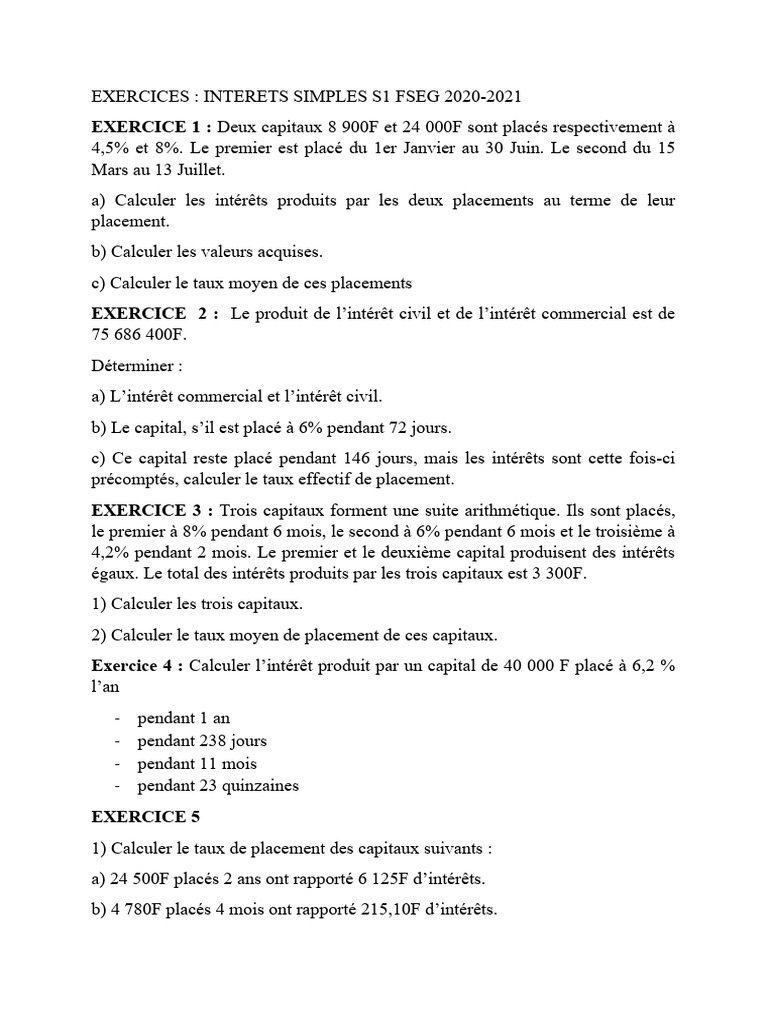 Exercices sur les intérêts simples S1 FSEG 2020 | PDF | Finance et ...