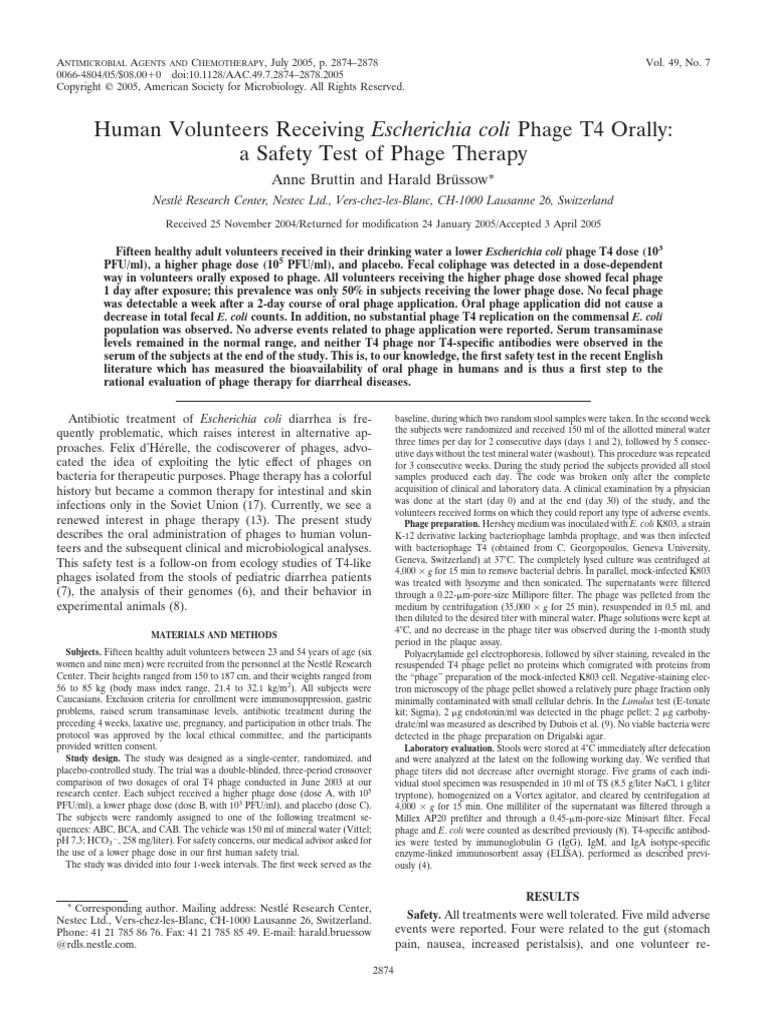 Human Volunteers Receiving Escherichia Coli Phage T4 Orally: A Safety ...