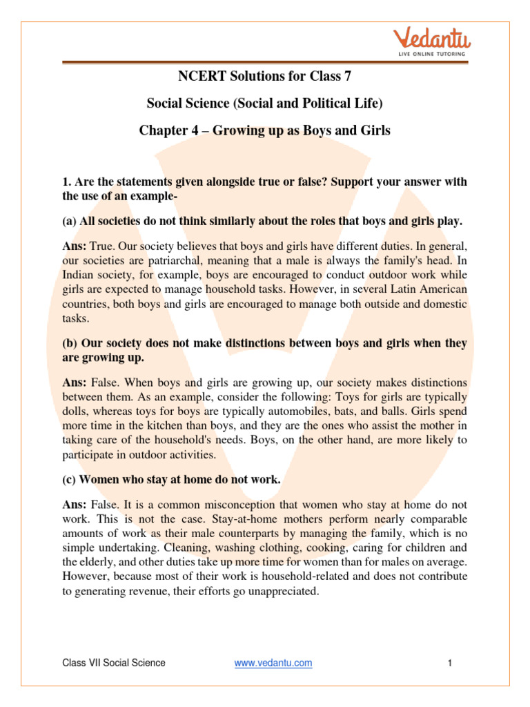 NCERT Solutions For Class 7 Social Chapter 4 - Growing Up As Boys and ...