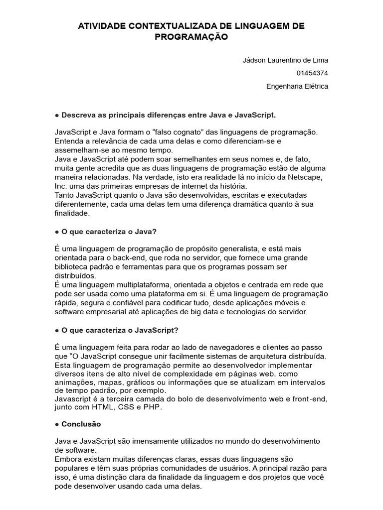 Atividade Contextualizada de Linguagem de Programação | PDF | Script ...
