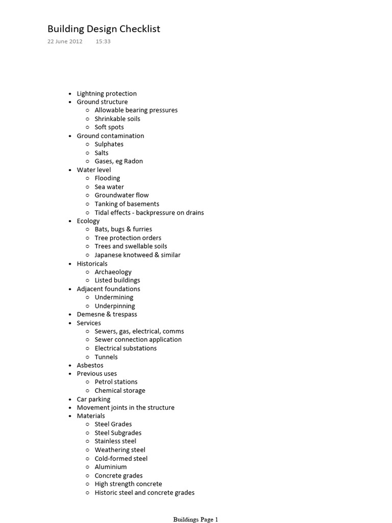 Building Design Checklist | PDF | Foundation (Engineering) | Concrete