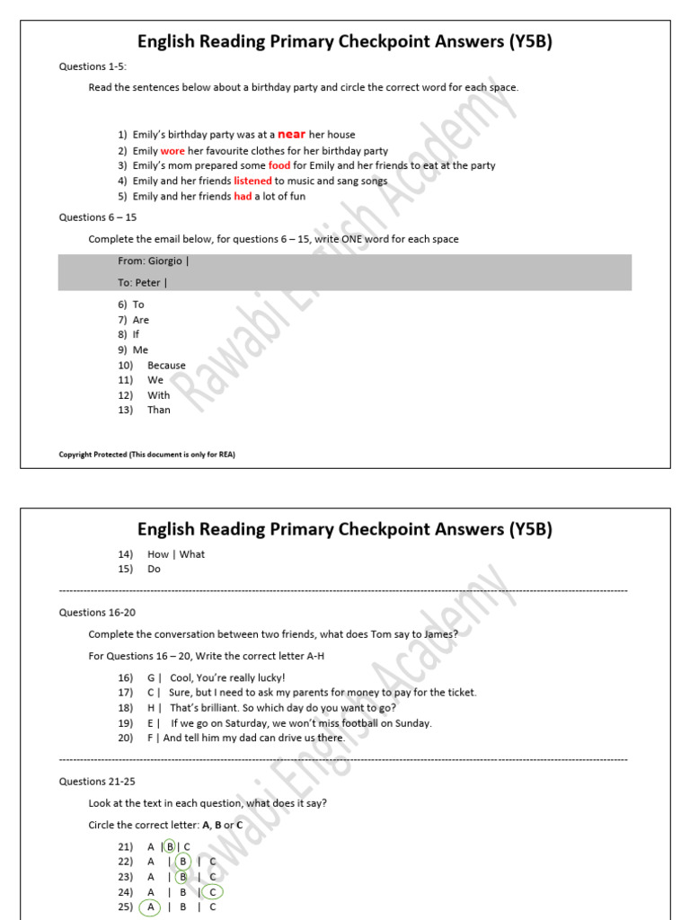 Checkpoint Answers 2018 Reading English! | PDF