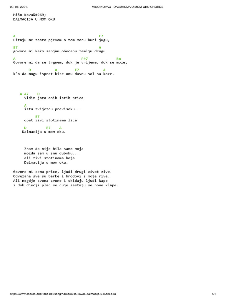 MISO KOVAC - DALMACIJA U MOM OKU CHORDS A Dur | PDF