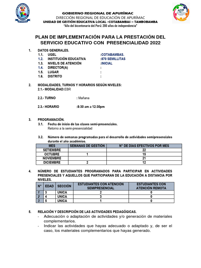Plan de Implementación Para La Presencialidad 2022 | PDF