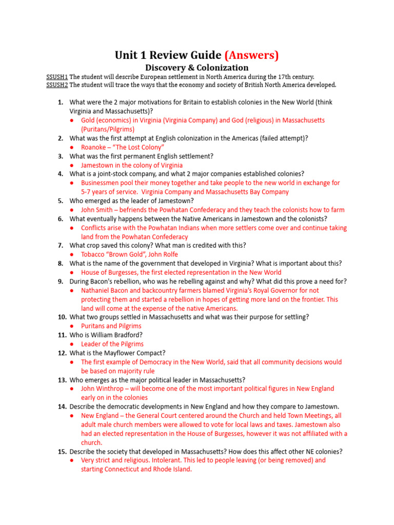 Unit 1 US History Review Answers | PDF | British Colonization Of The ...
